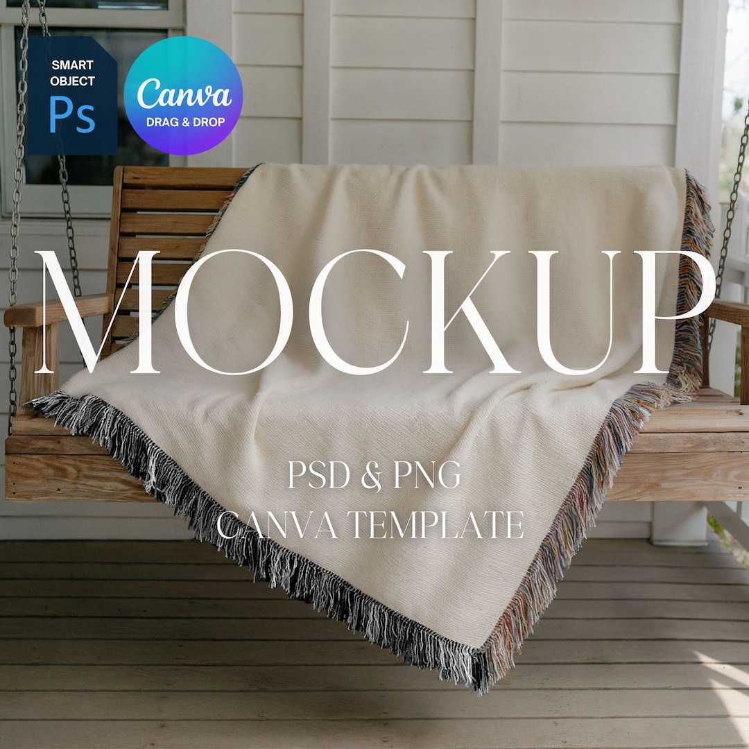 Woven Blanket Mockup With Black and White Fringe, Print on Demand Woven ...