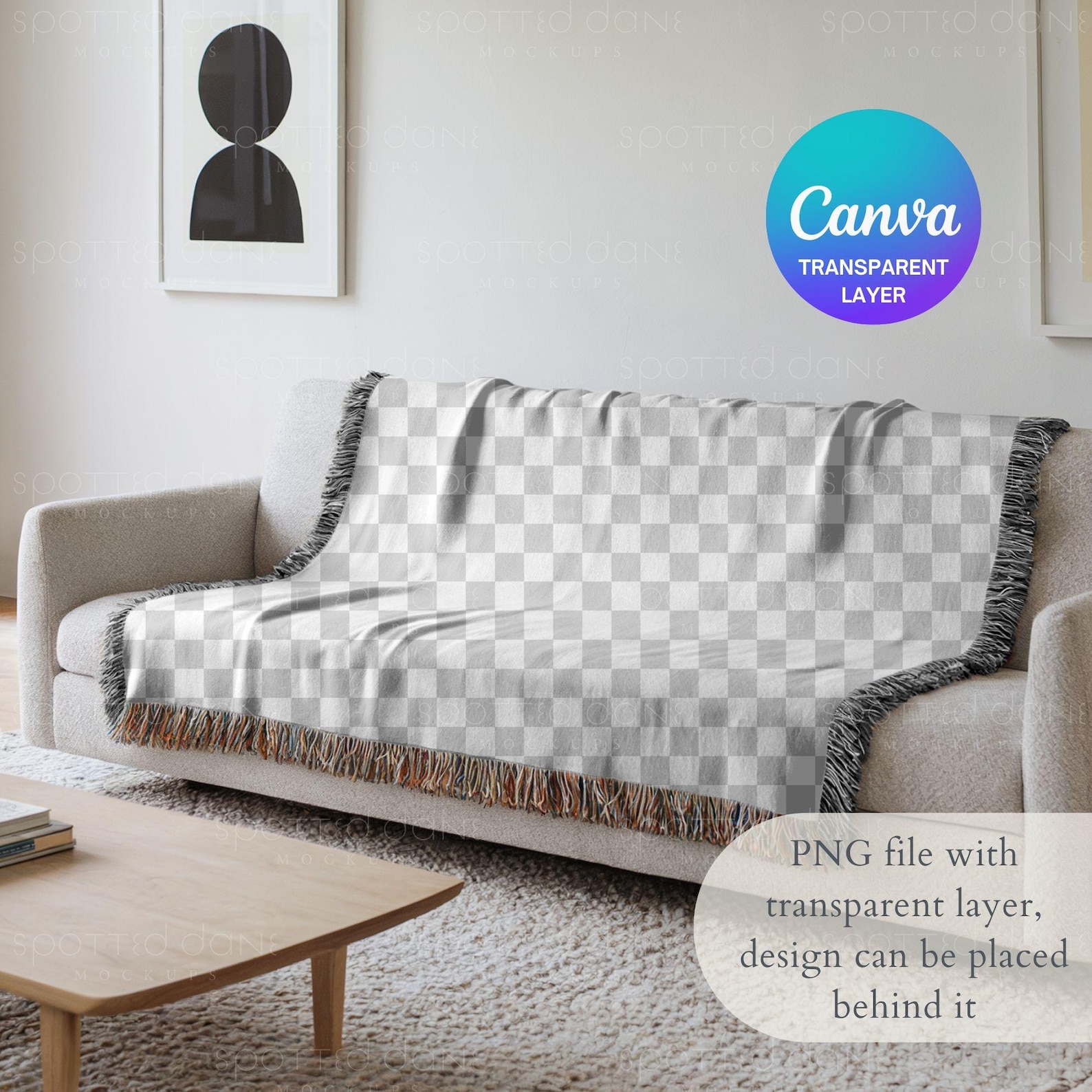 Woven Blanket Mockup With Black and White Fringe, Print on Demand Woven ...