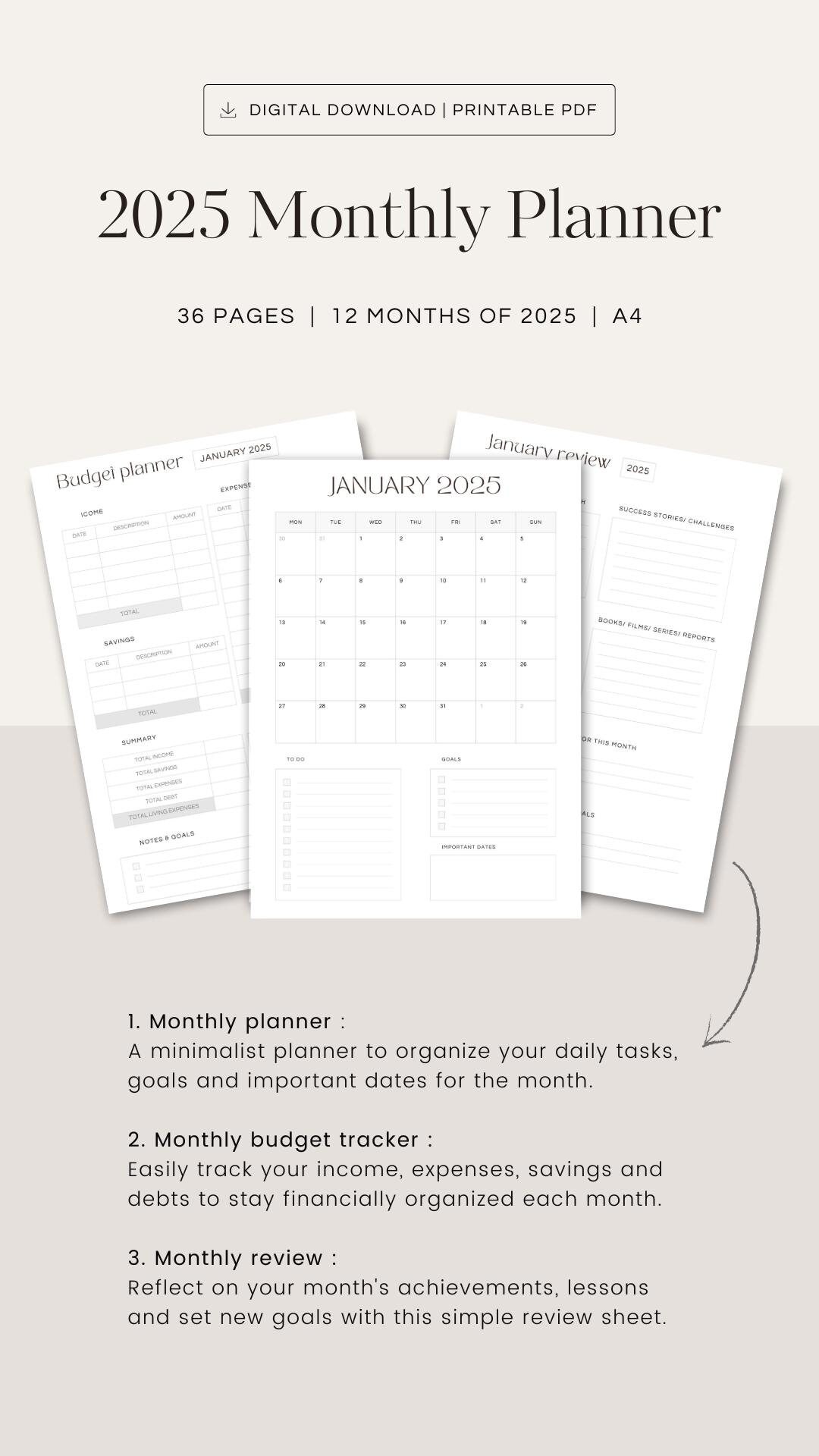 2025 Monthly Planner | Minimalist calendar | Budget tracker & Monthly ...
