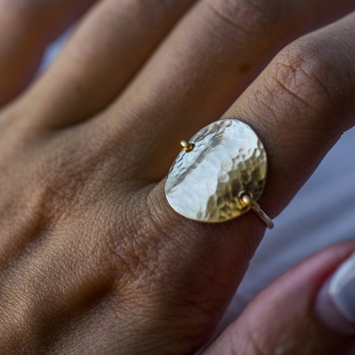 Gold Hammered Ring Large Gold Disc Circle Ring | Etsy