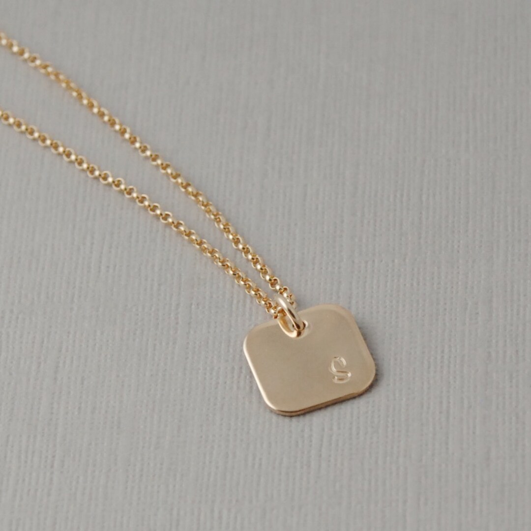 Square Tag Necklace Rounded Corners Gold Square Initial Necklace ...