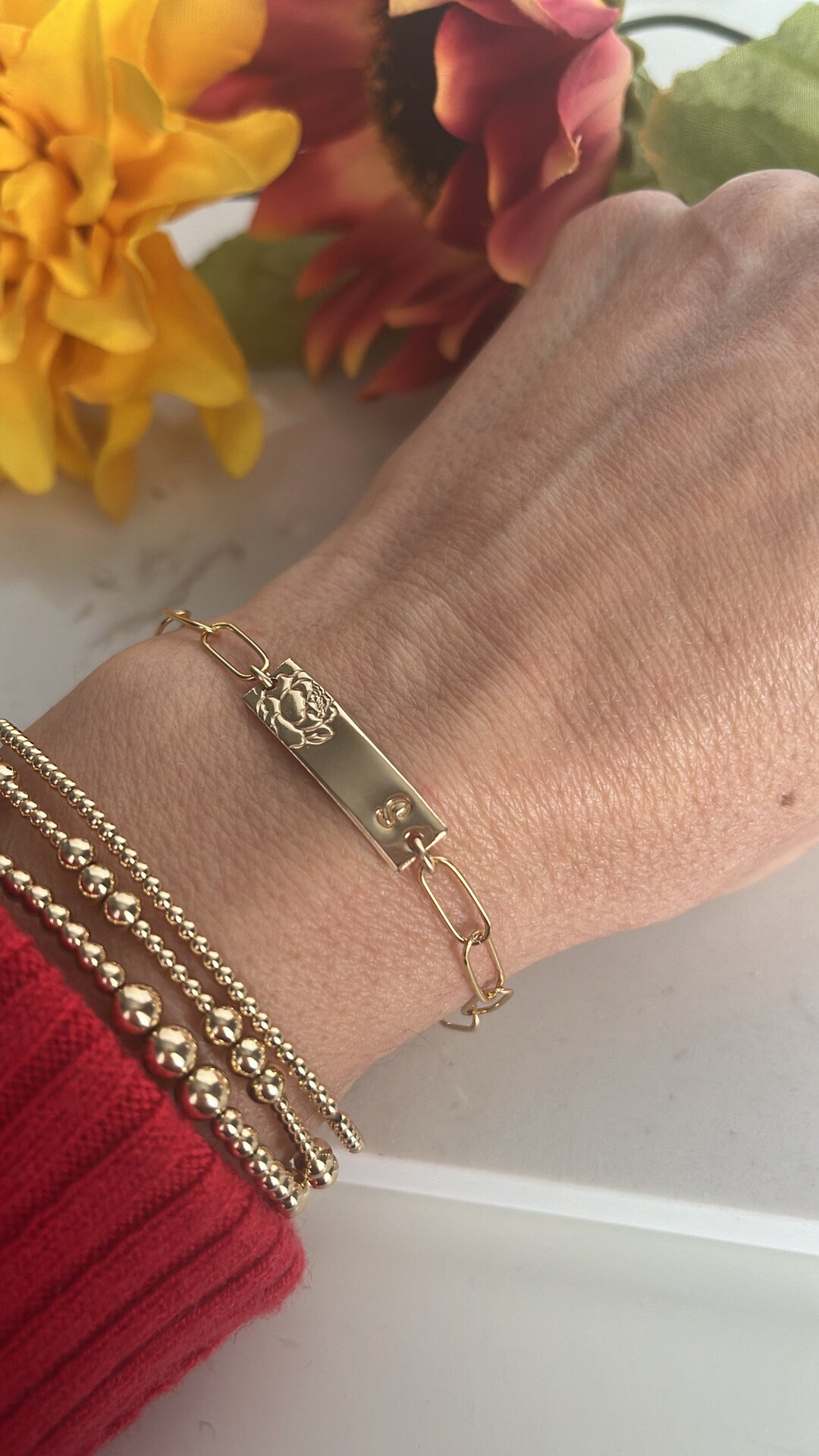 Birth Flower Initial Bracelet: 14K Gold Fill Paperclip Chain - Etsy