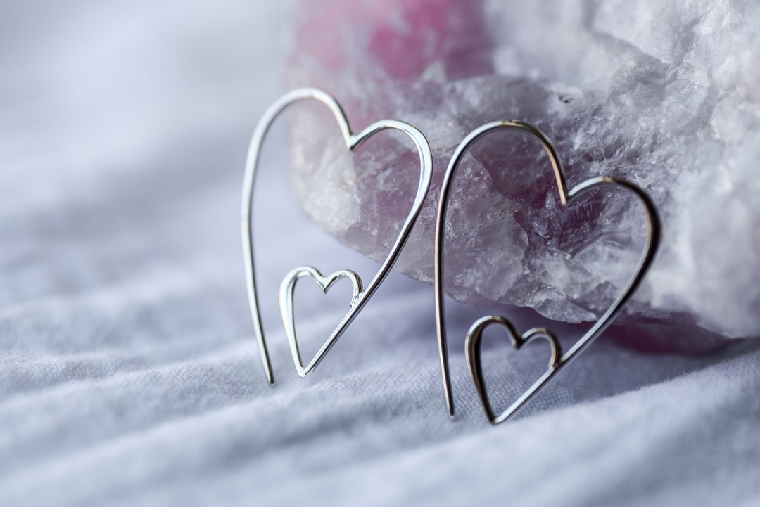 Sterling Silver Heart Dangle Earrings: Double Heart Design - Etsy