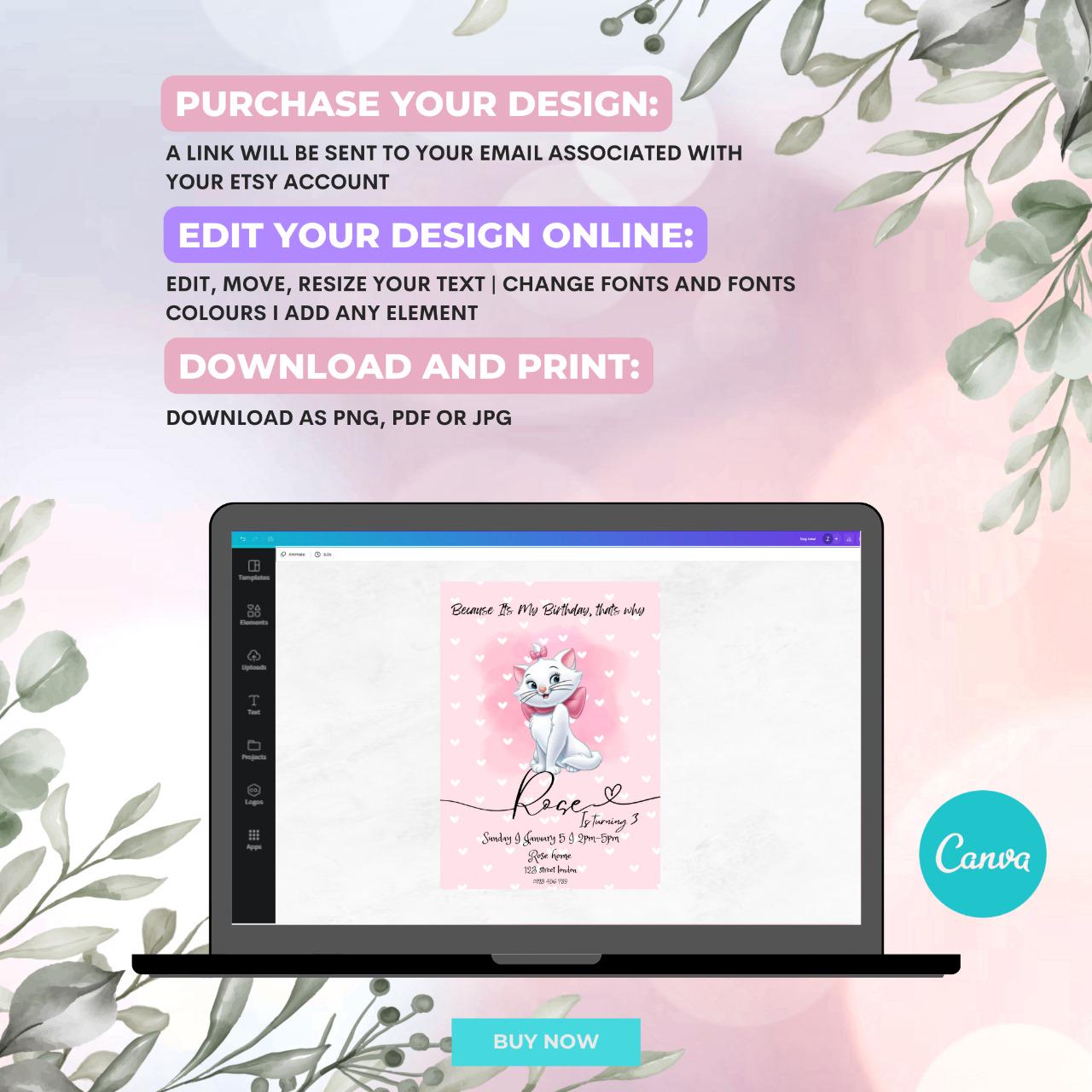 Marie the Cat Birthday Invitation, Marie the Cat Invitation, Marie ...