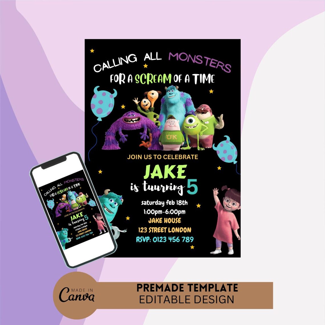 Monster Inc Invitation, Monster Inc Birthday Invitation, Editable ...