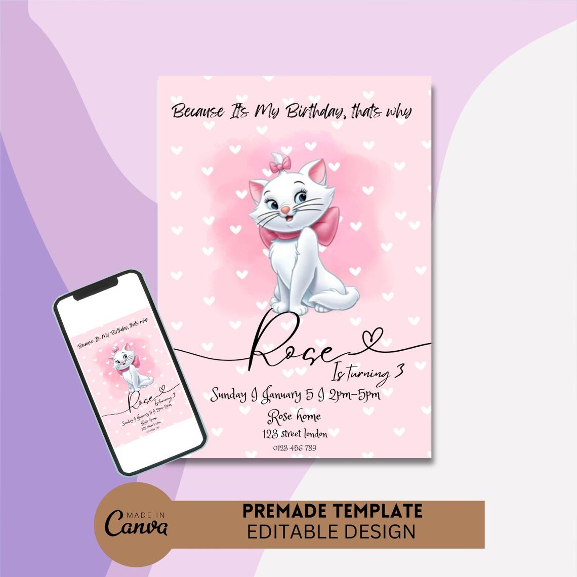Marie the Cat Birthday Invitation, Marie the Cat Invitation, Marie ...