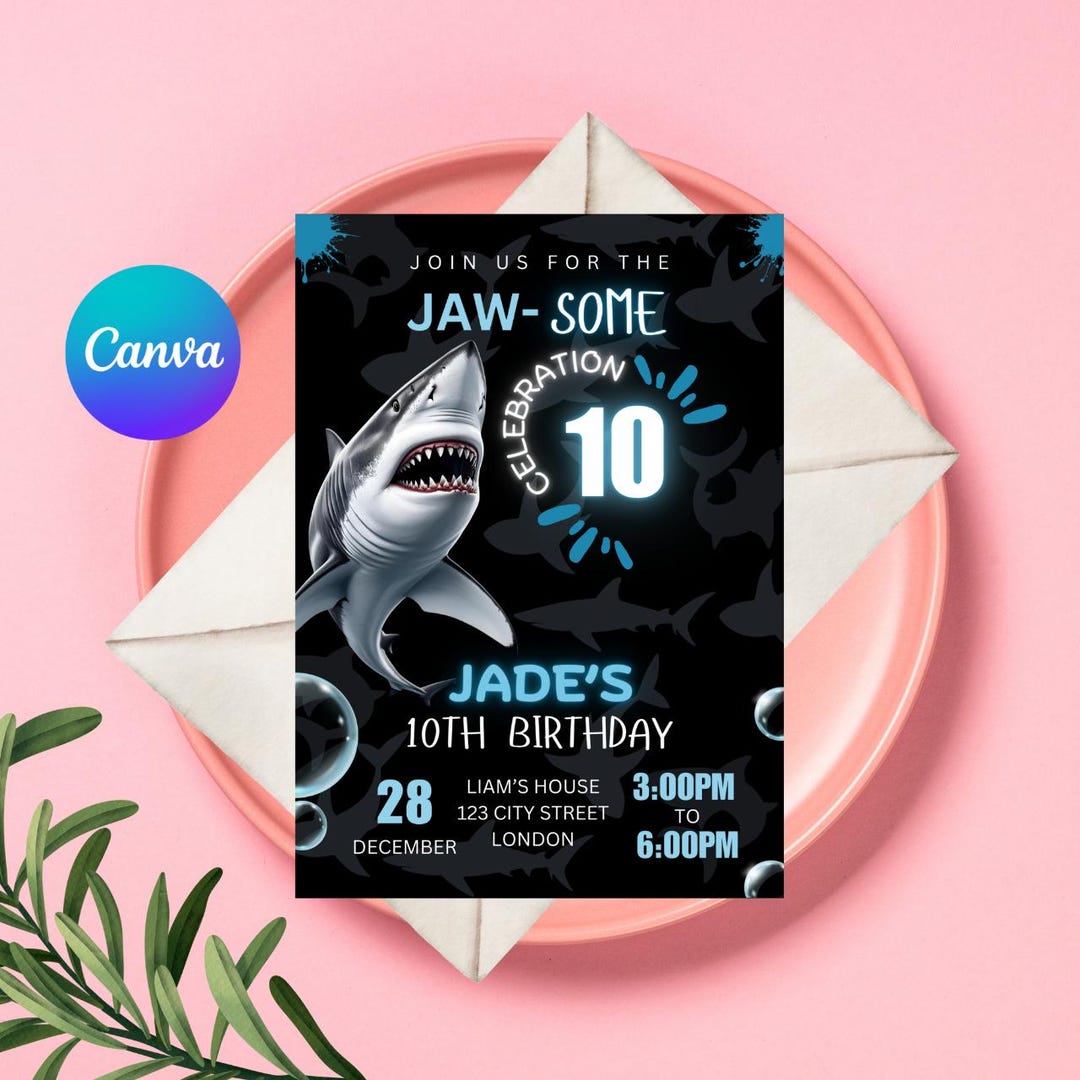Shark Birthday Invitation, Shark Invitation, Shark Birthday Theme ...