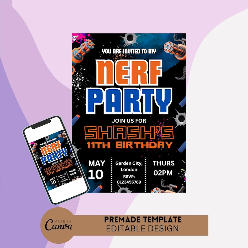Nerf War Invitation, Dart Birthday Invitation, Nerf Dart Invitation, Nerf War Invite, Dart Gun ...