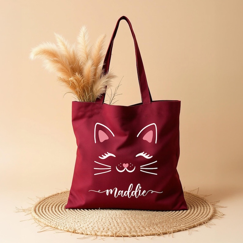 Personalized Cat Tote Bag, Cute Kitty Canvas Bag, Custom Name Tote ...