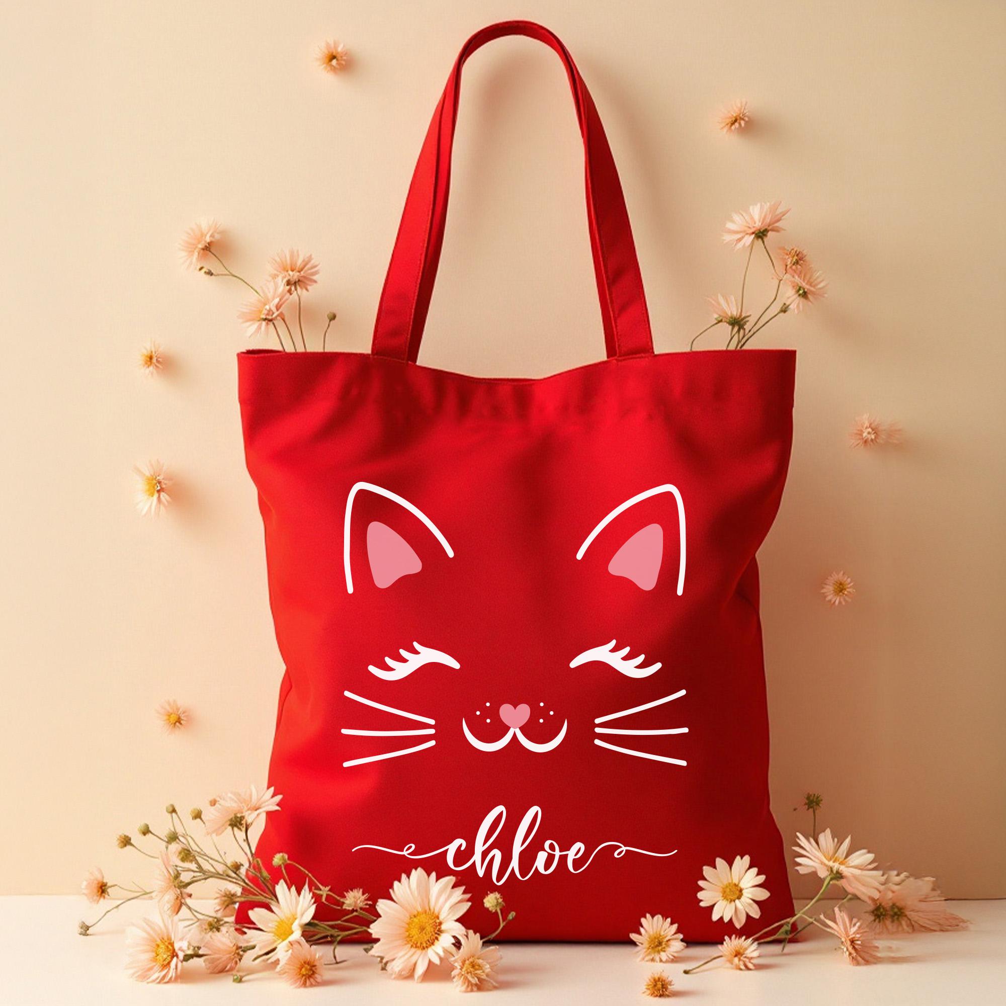 Personalized Cat Tote Bag, Cute Kitty Canvas Bag, Custom Name Tote ...