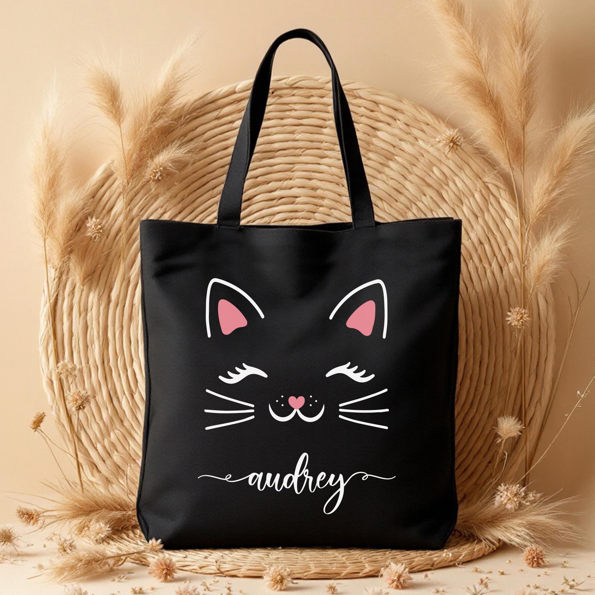 Personalized Cat Tote Bag, Cute Kitty Canvas Bag, Custom Name Tote ...