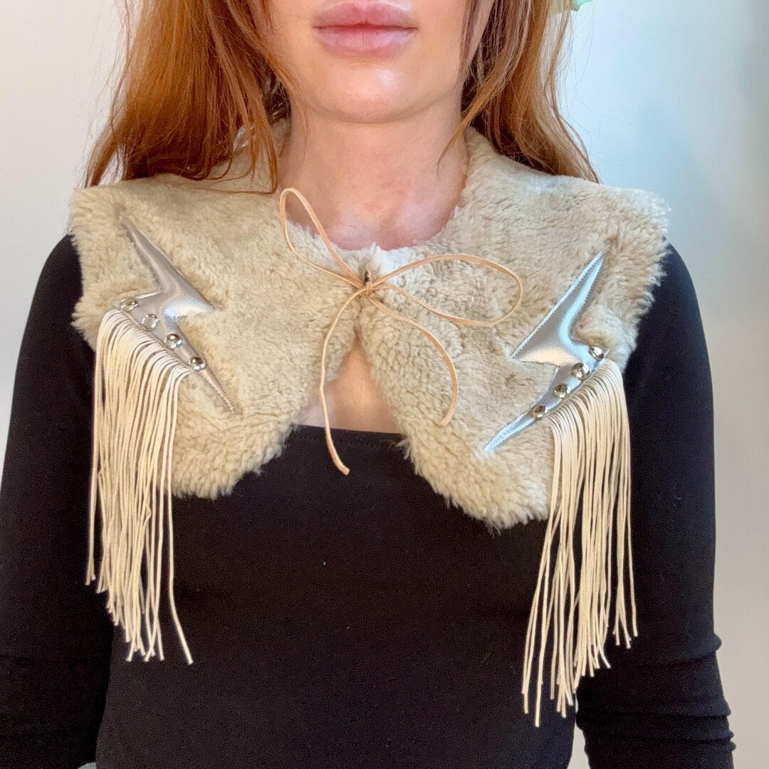 Genuine Cream Shearling Collar With Silver Studded Lightening Bolts and ...
