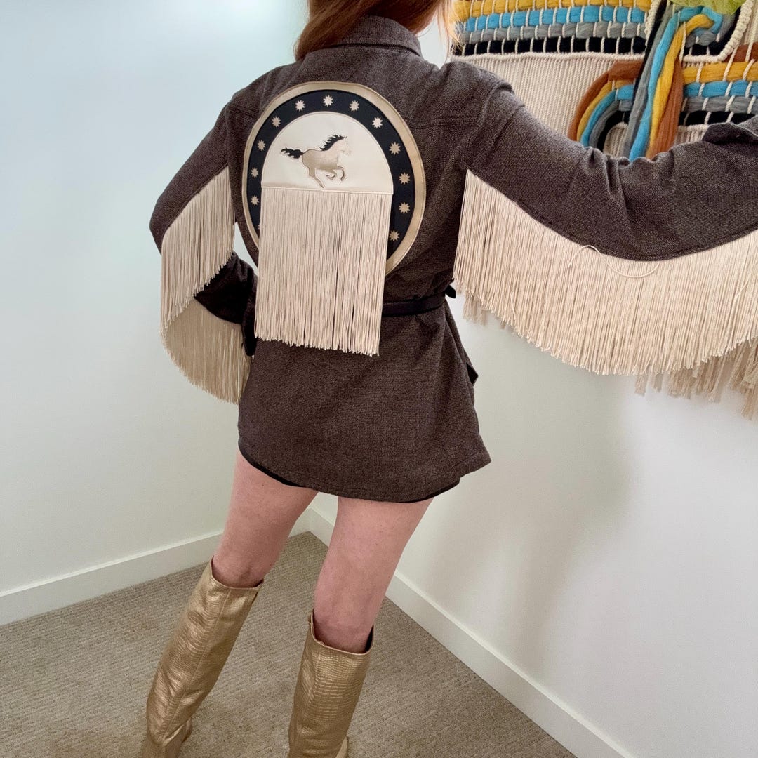 Upcycled Fringed Western Shirt: Cream Fringe, Running Horse Motif - Etsy