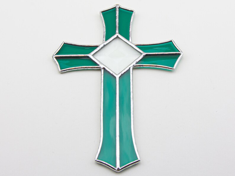 Stained Glass Teal Green Cross Suncatcher, Christian Gift, Handmade ...