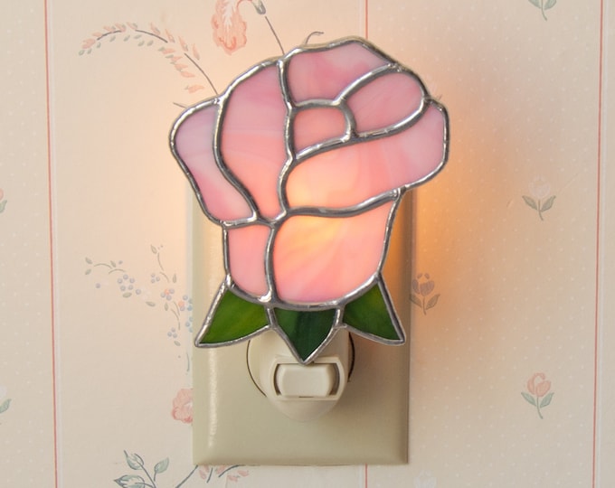 Stained Glass Pink Rose Night Light - Etsy