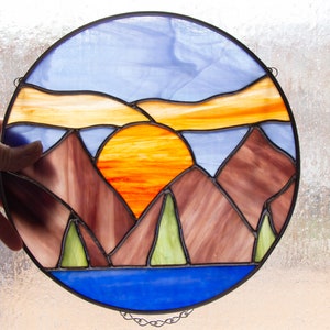 Mountain Scene Stained Glass Panel, Window Hanging, New House Home ...