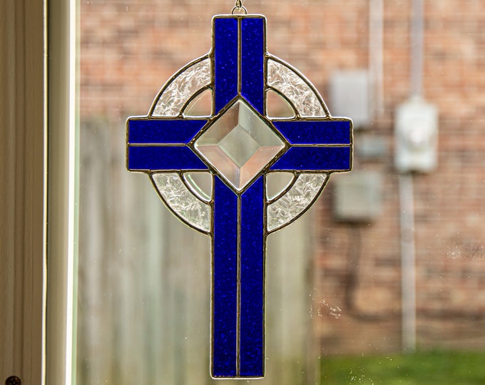 Stained Glass Blue Celtic Cross Suncatcher - Etsy