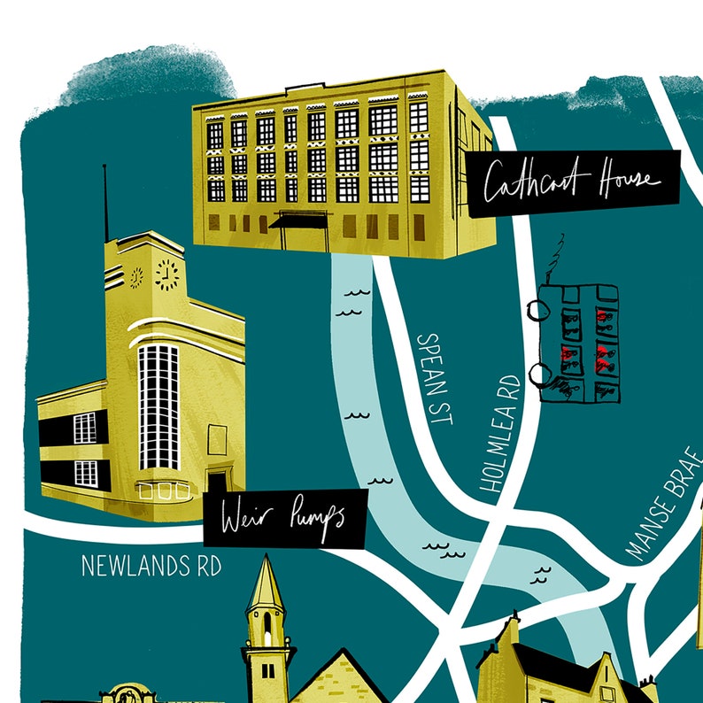 Map of Glasgow Cathcart Giclee Print Teal Colour Scotland - Etsy