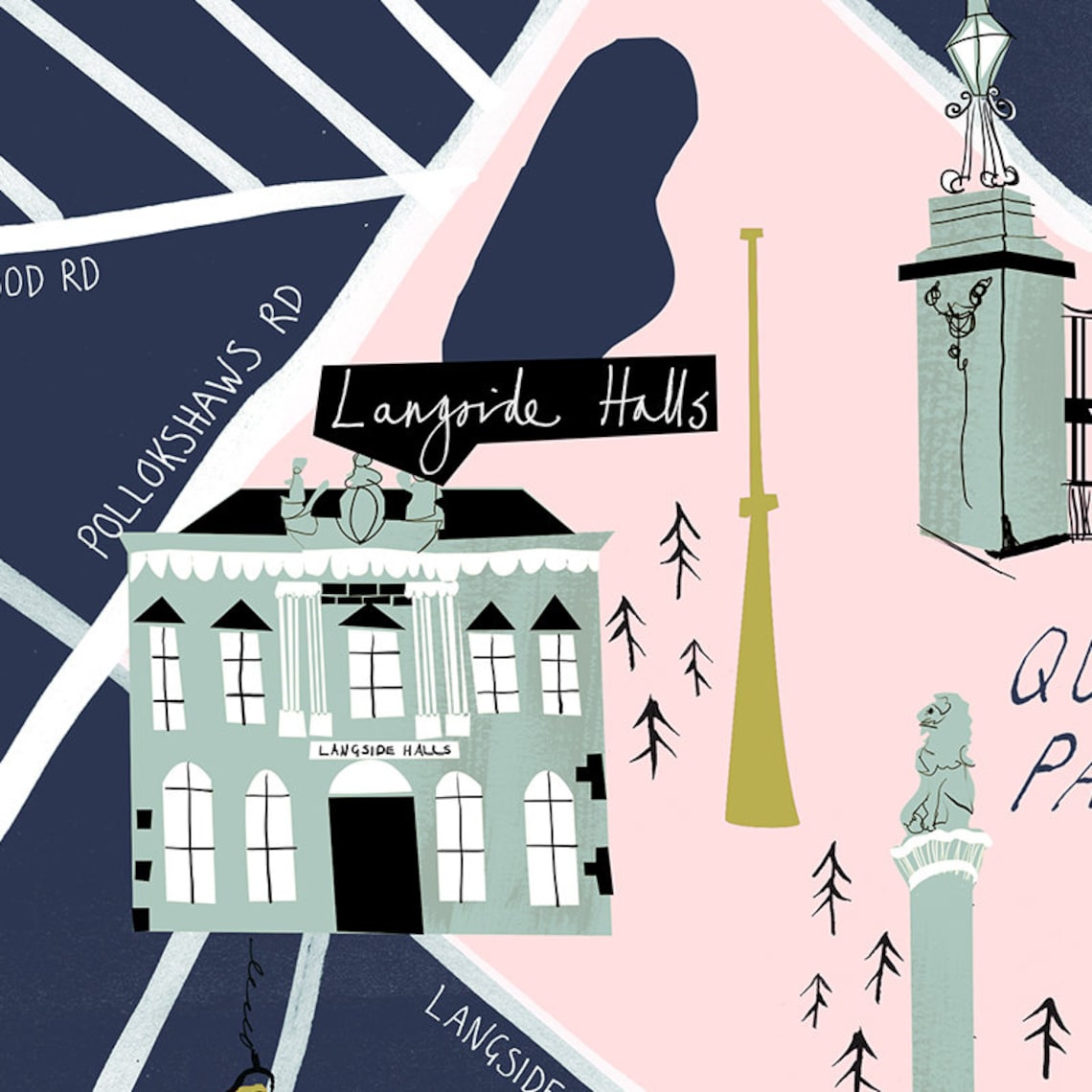 Map of Glasgow (shawlands) Giclee Print | Navy Colour | Graduation Gift ...