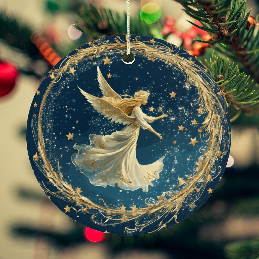 Customizable Ceramic Christmas Angel Ornament – Golden Wings, Blue ...