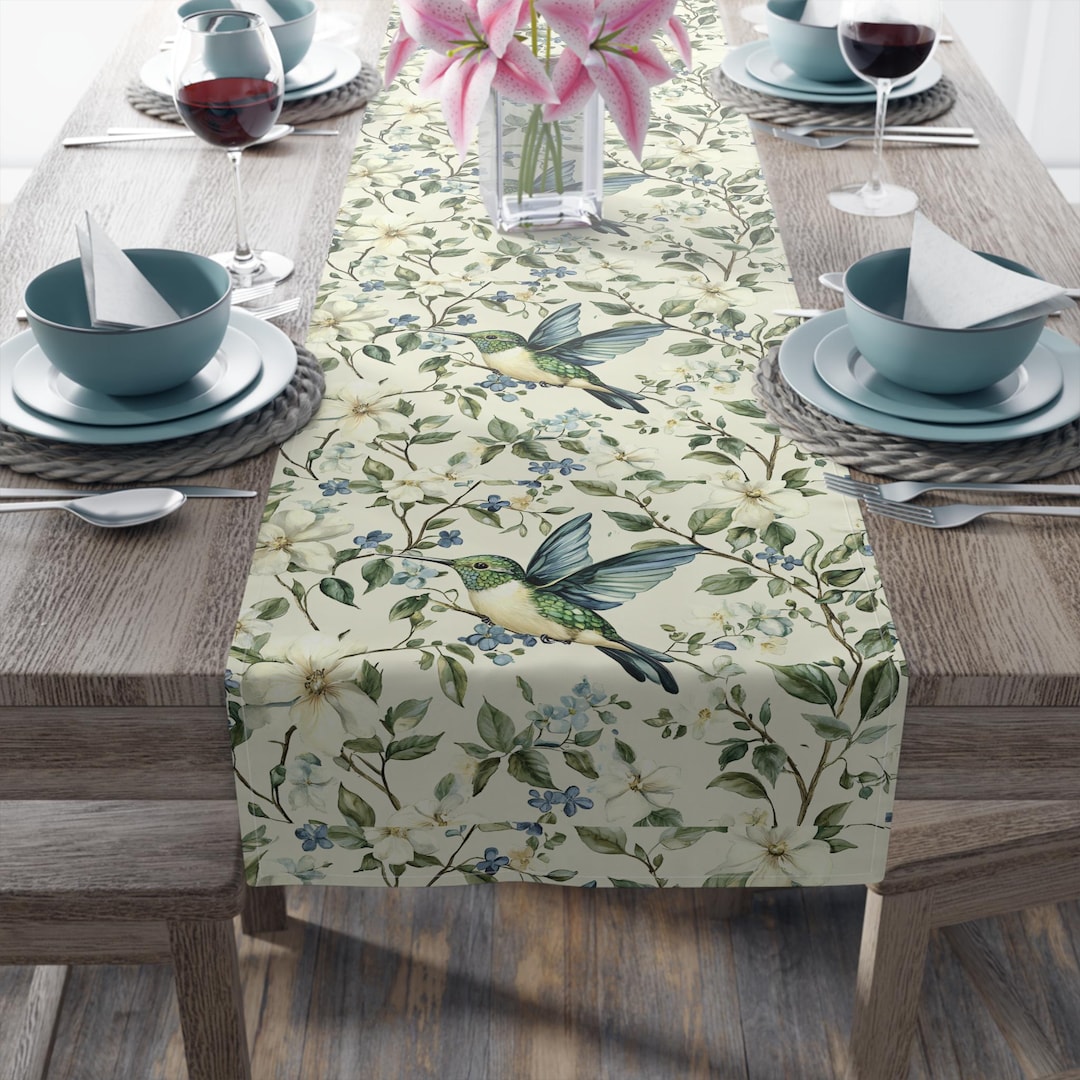 Botanical Hummingbird Table Runner, Cotton, Vintage Floral Decor ...