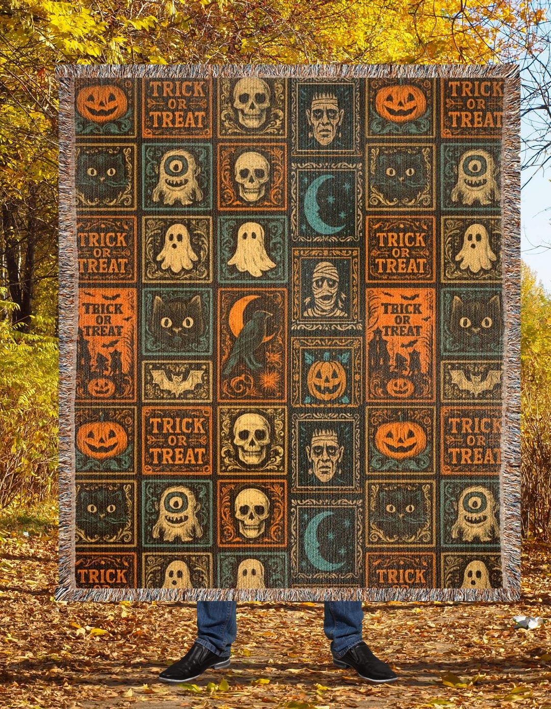 Spooky Halloween Woven Blanket With Ghosts, Monsters, Skulls, Crows ...