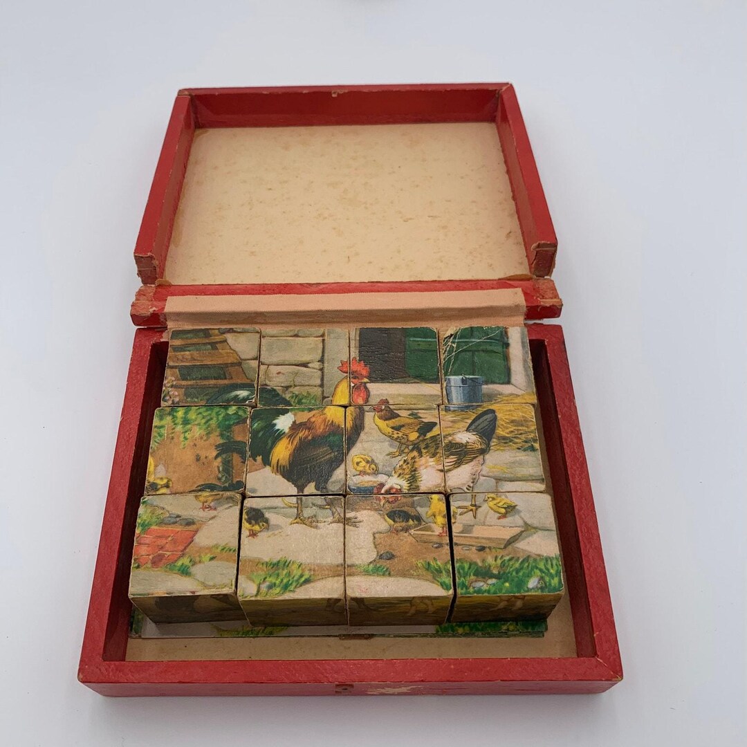 Puzzle Wood Blocks Six Pictures Farm Dogs Cows Horses Made in Germany ...