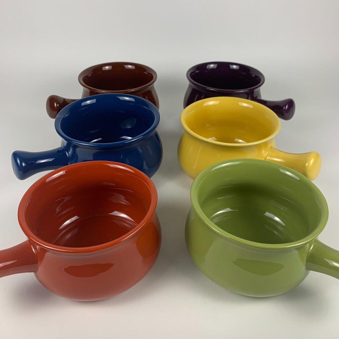 Set of 6 Stoneware Soup Crocks Bowls With Handles Multicolor NEW - Box ...