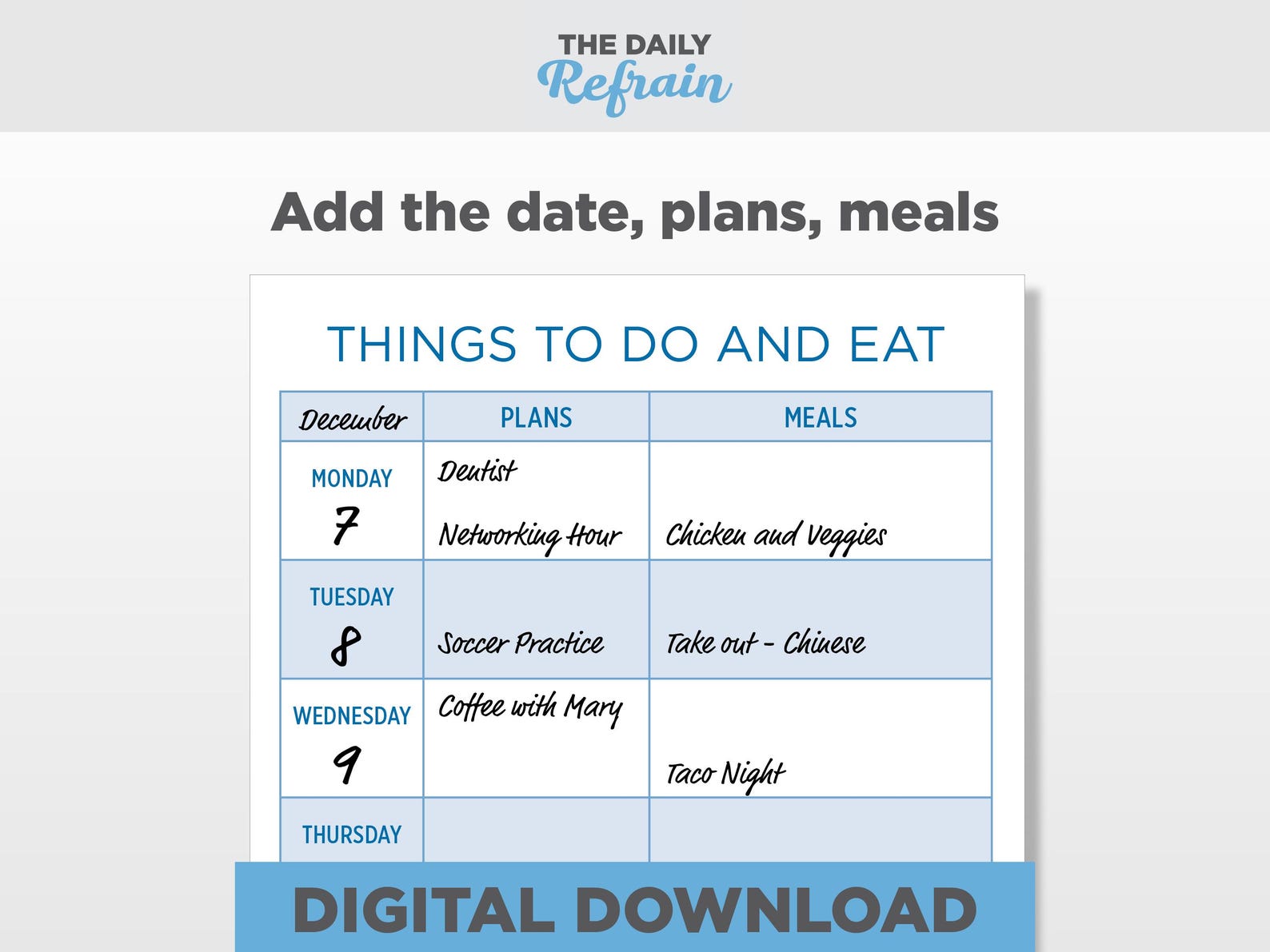 Blue Meal Planner Bundle: Weekly Schedule, Social Events (digital ...