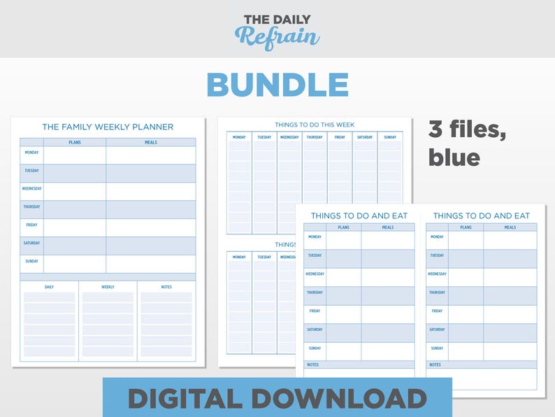 Blue Meal Planner Bundle: Weekly Schedule, Social Events (digital ...