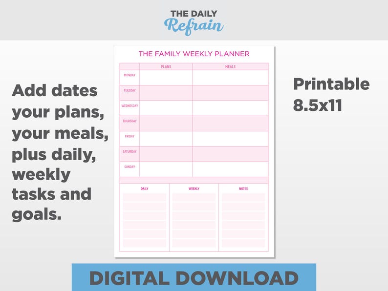 Pink Weekly Meal Planner: Printable Family Organizer (digital Download ...