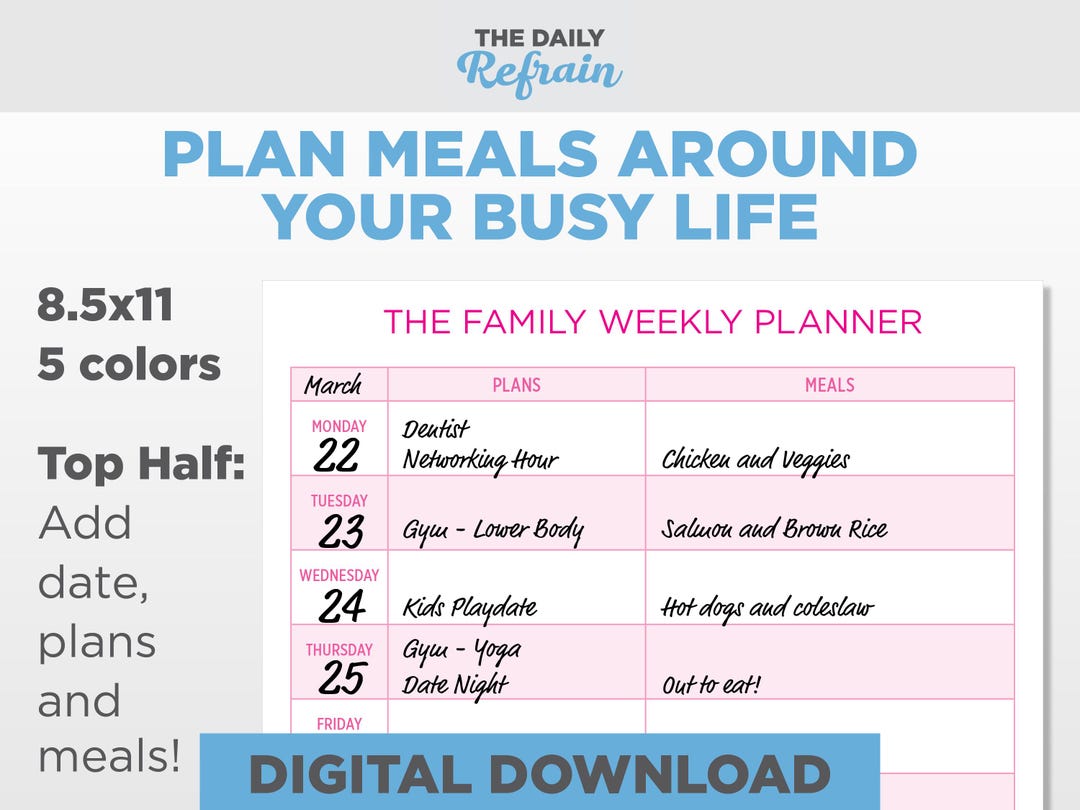 Pink Weekly Meal Planner: Printable Family Organizer (digital Download ...