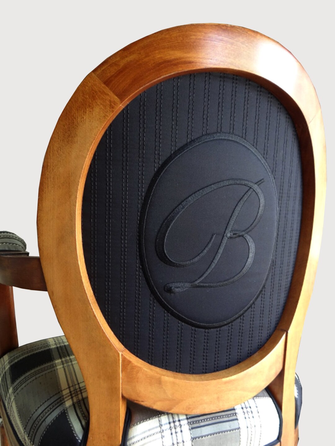 Custom Embroidered Back of Chair Black Satin Monogram Quilted Interior ...