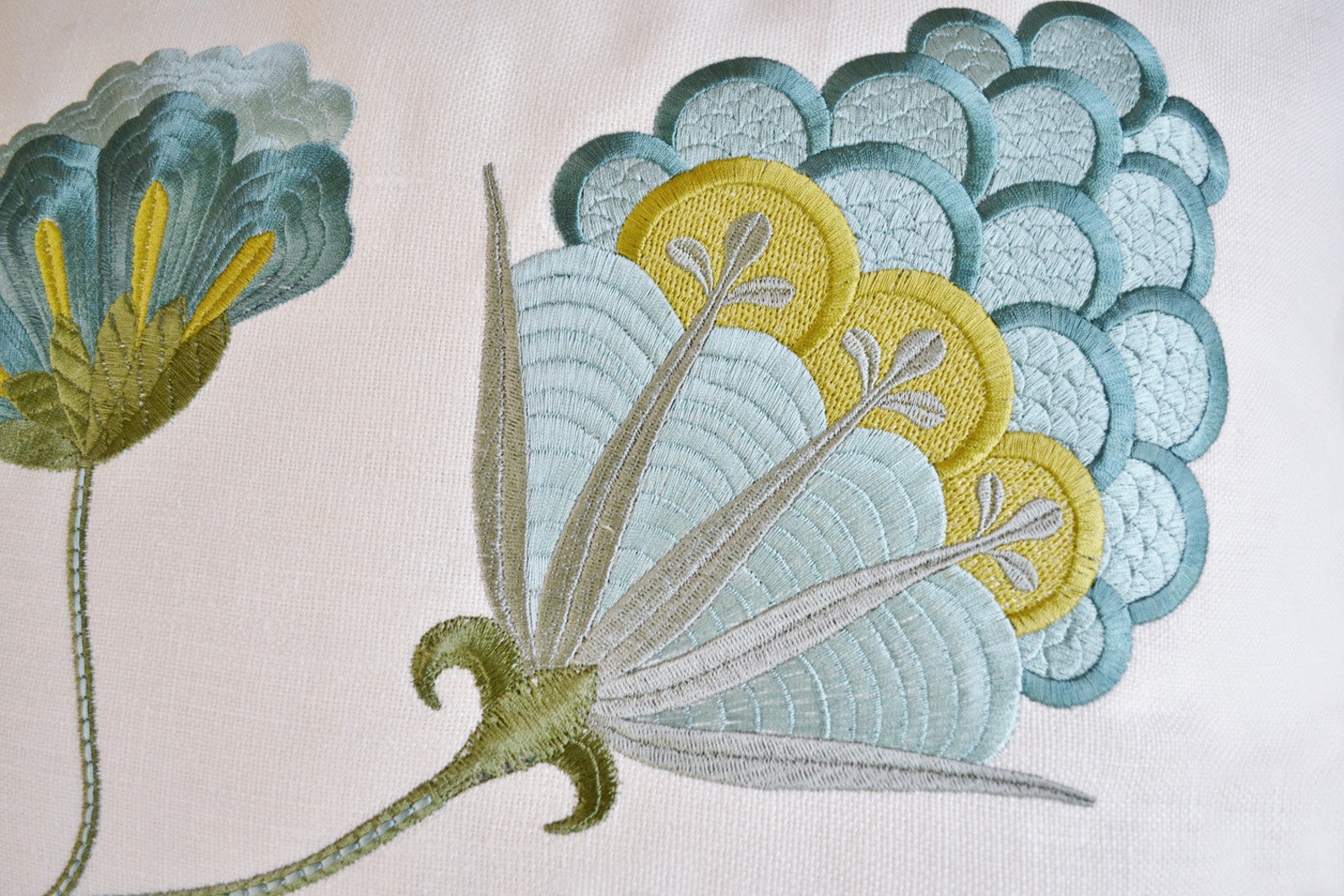 Embroidered Pillow Linen Exotic Flower Cream Aquamarine - Etsy