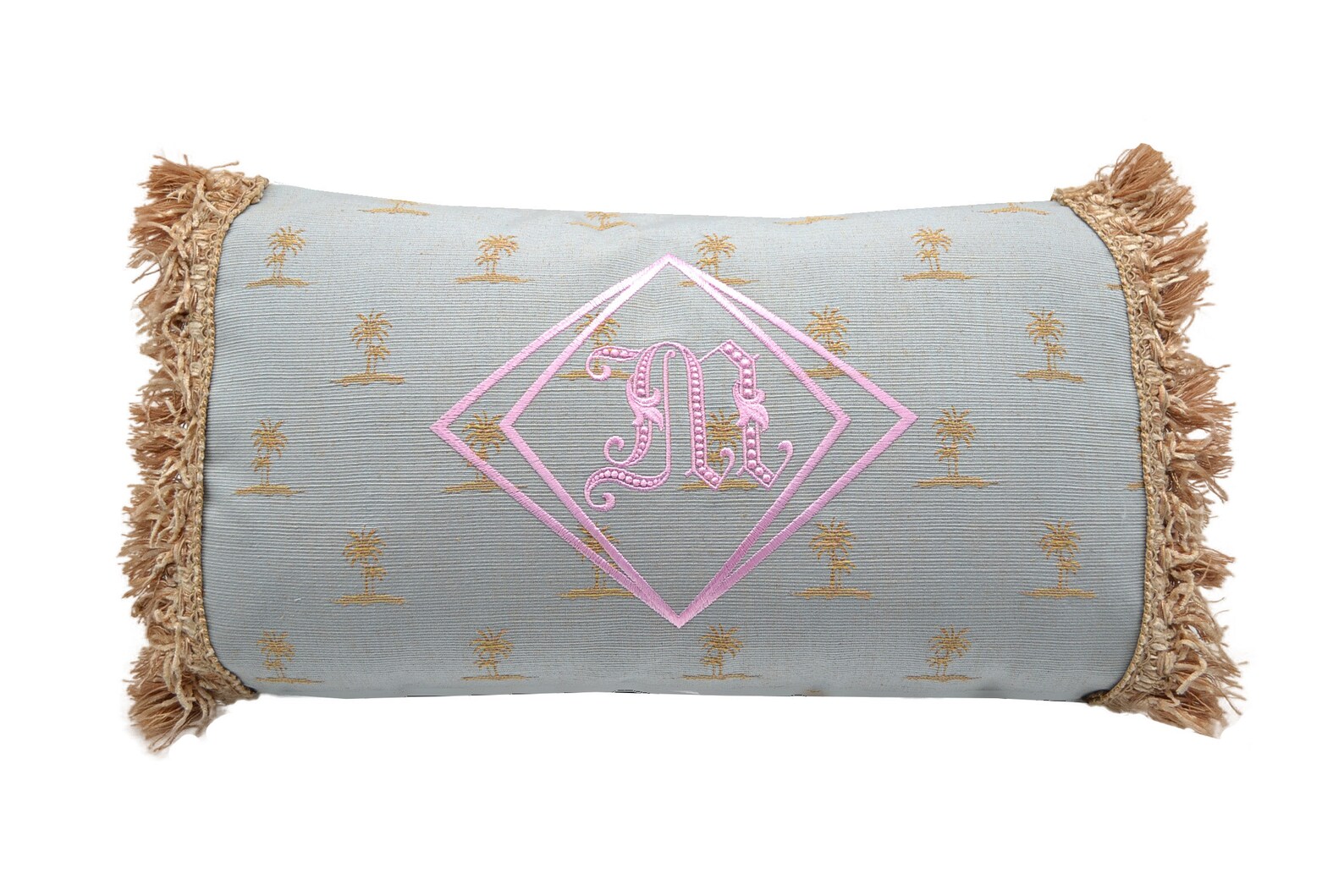 Embroidered Monogram Pillow Palm Trees Blue Gold Fringe Custom - Etsy