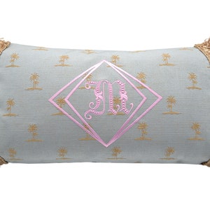 Embroidered Monogram Pillow Palm Trees Blue Gold Fringe Custom - Etsy