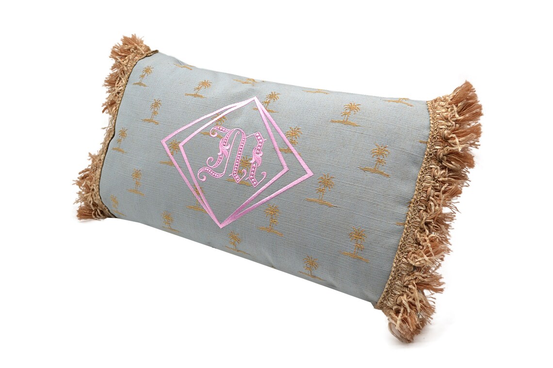 Embroidered Monogram Pillow Palm Trees Blue Gold Fringe Custom - Etsy