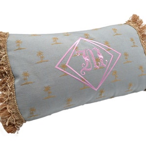 Embroidered Monogram Pillow Palm Trees Blue Gold Fringe Custom - Etsy