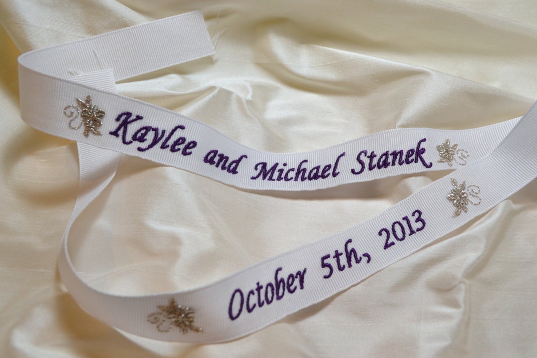Custom Embroidered Wedding Gown Ribbon - White Gross Grain Ribbon With ...