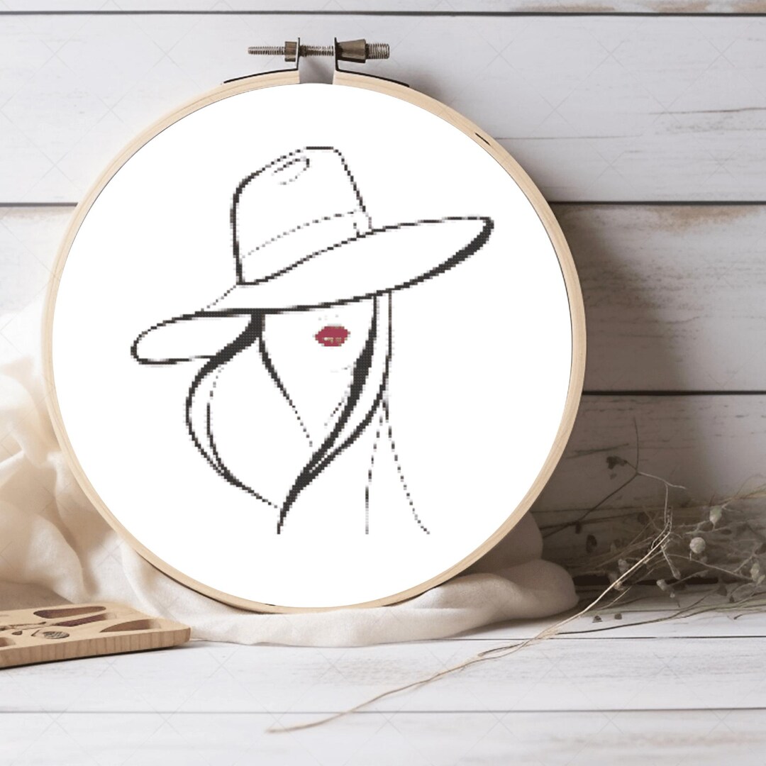 Line Art Woman With Red Lipstick Cross Stitch Pattern, Aesthetic Woman ...