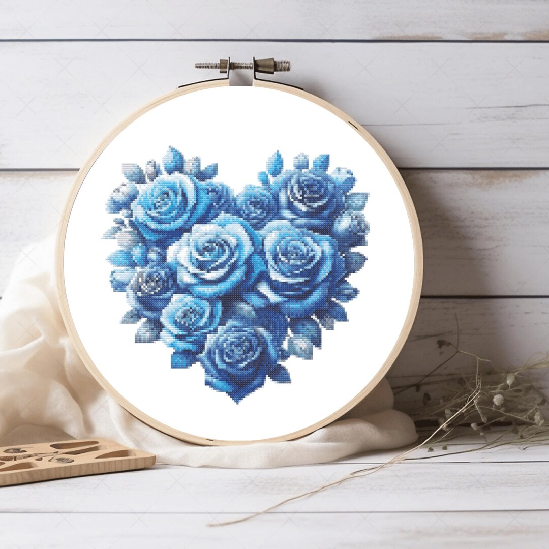 Romantic Blue Rose Heart Cross Stitch Pattern | DIY Floral Hoop Art PDF ...