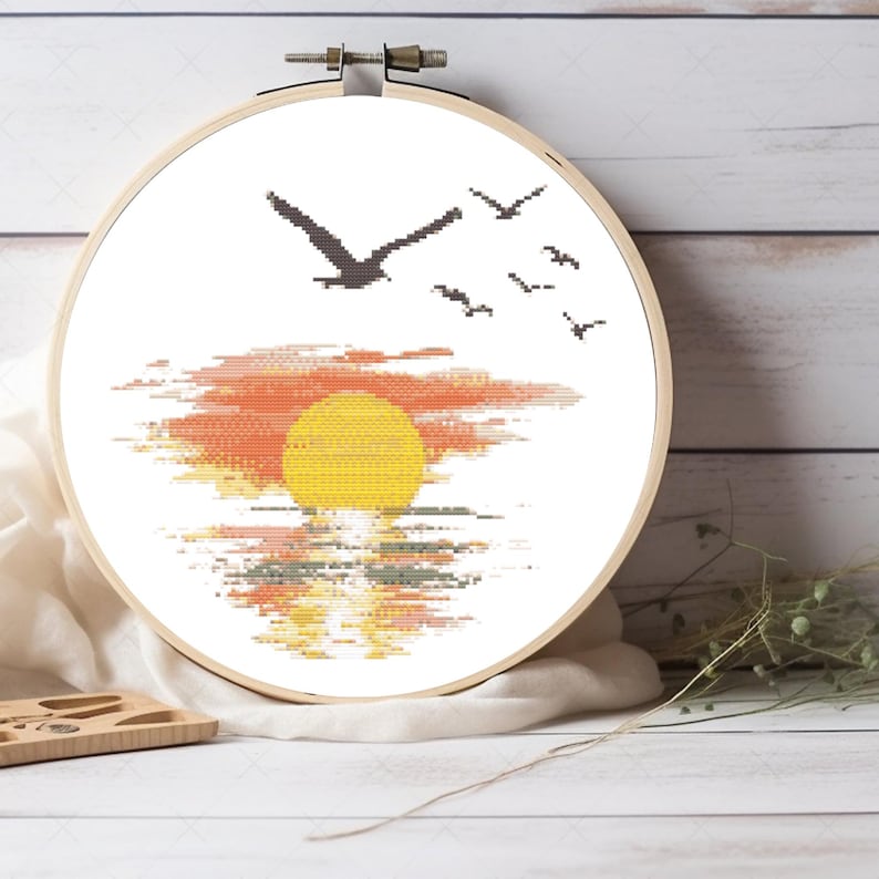 Modern Sunset Cross Stitch Pattern PDF, Minimalist Beach, Ocean ...