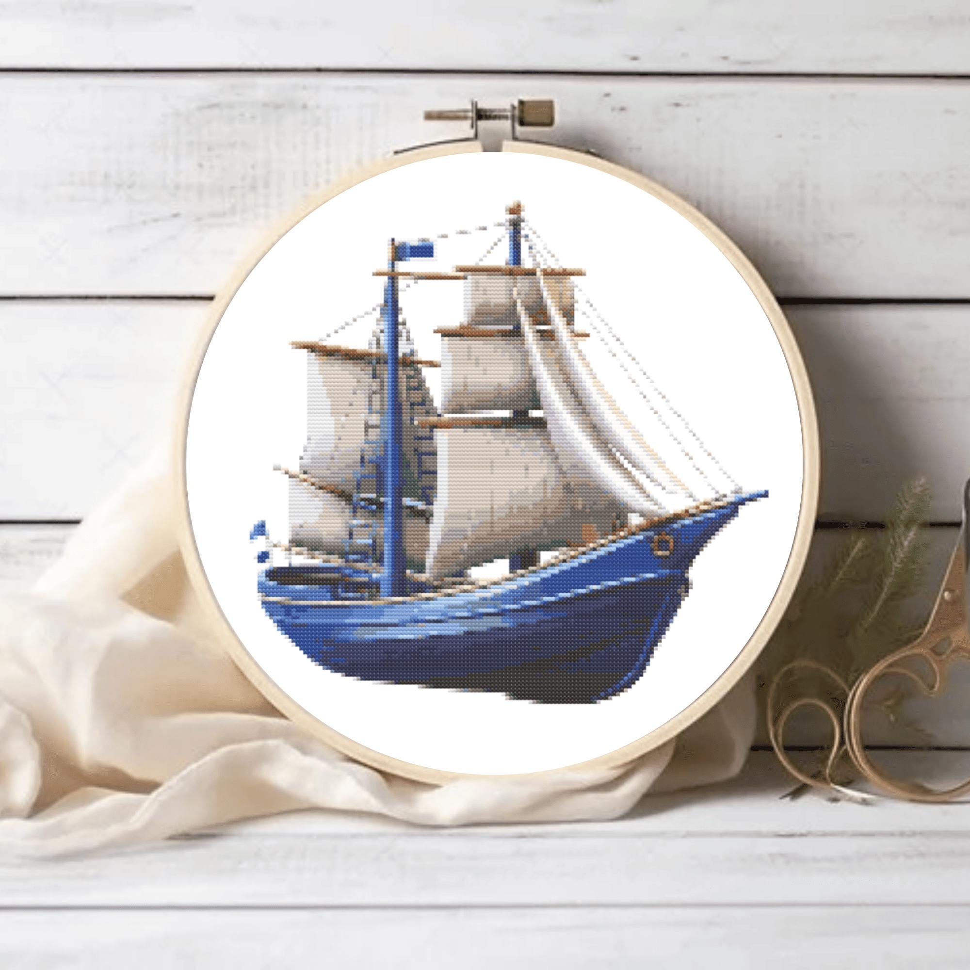 Blue Sailboat Cross Stitch Pattern, Sailboat Cross Stitch Pattern ...