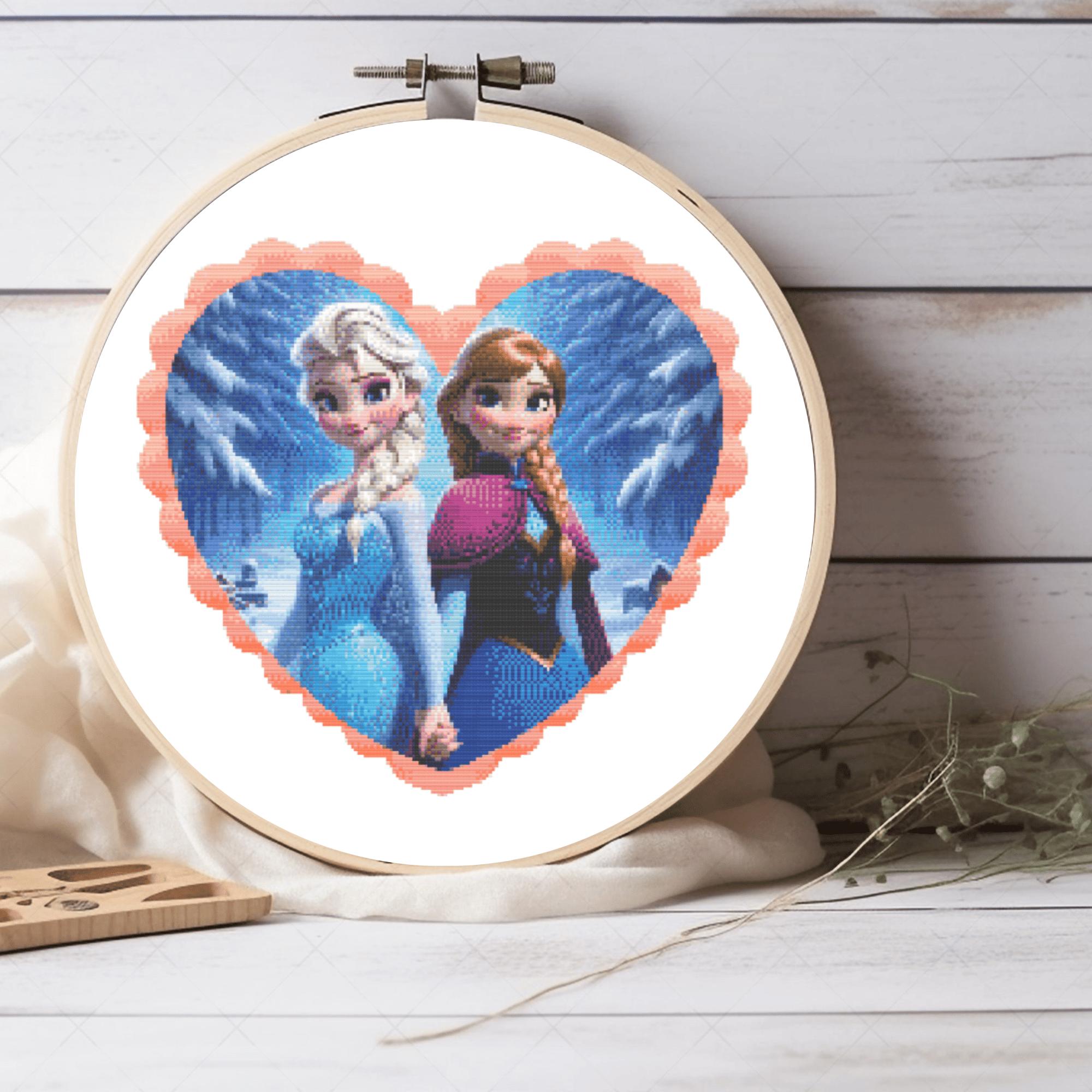 Frozen Elsa and Anna Cross Stitch Pattern - Cute Cartoon Princess Wall ...