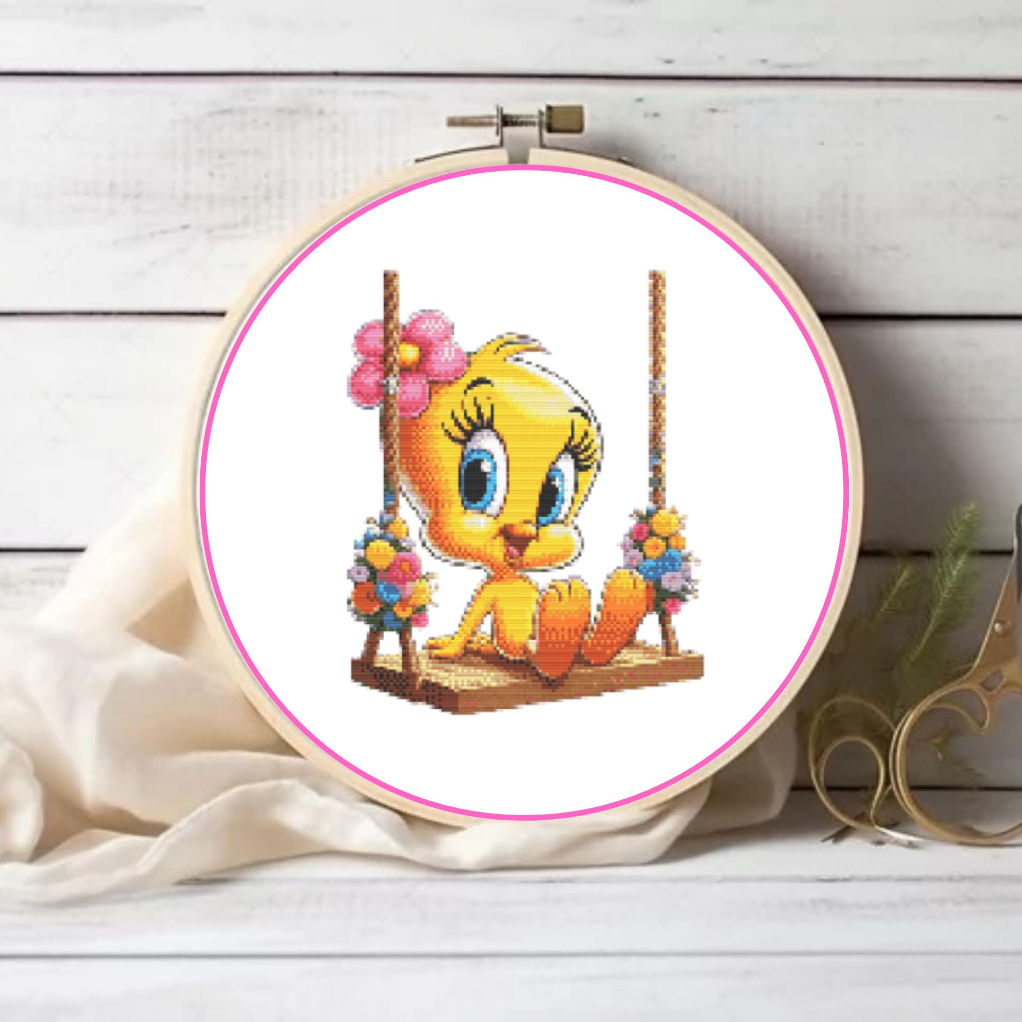 Cute Tweety Bird on Swing Cross Stitch Pattern, Spring Floral Bird ...