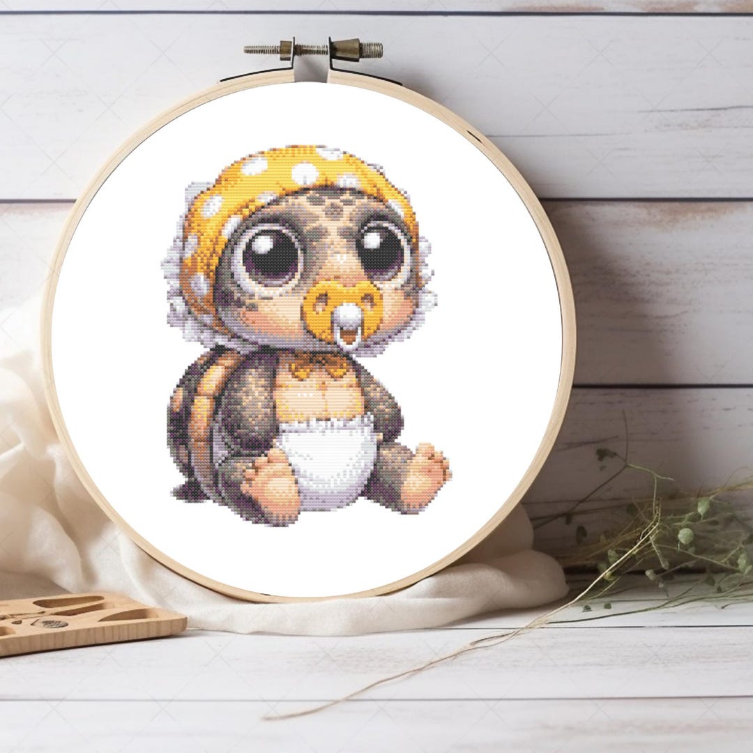 Cute Baby Turtle With Pacifier Cross Stitch – Adorable Nursery Hoop Art ...