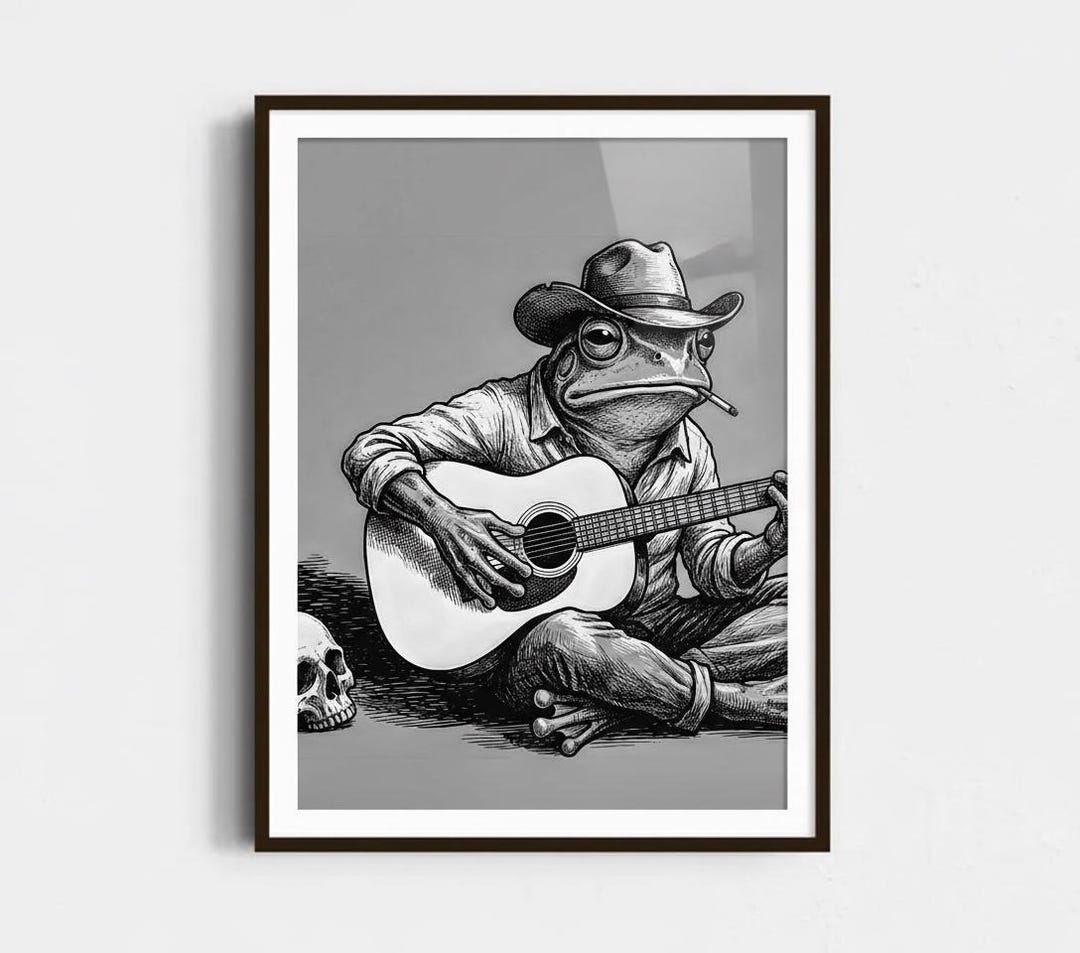 Cowboy Frog Playing Guitar Wall Art, Black and White Digital Download ...