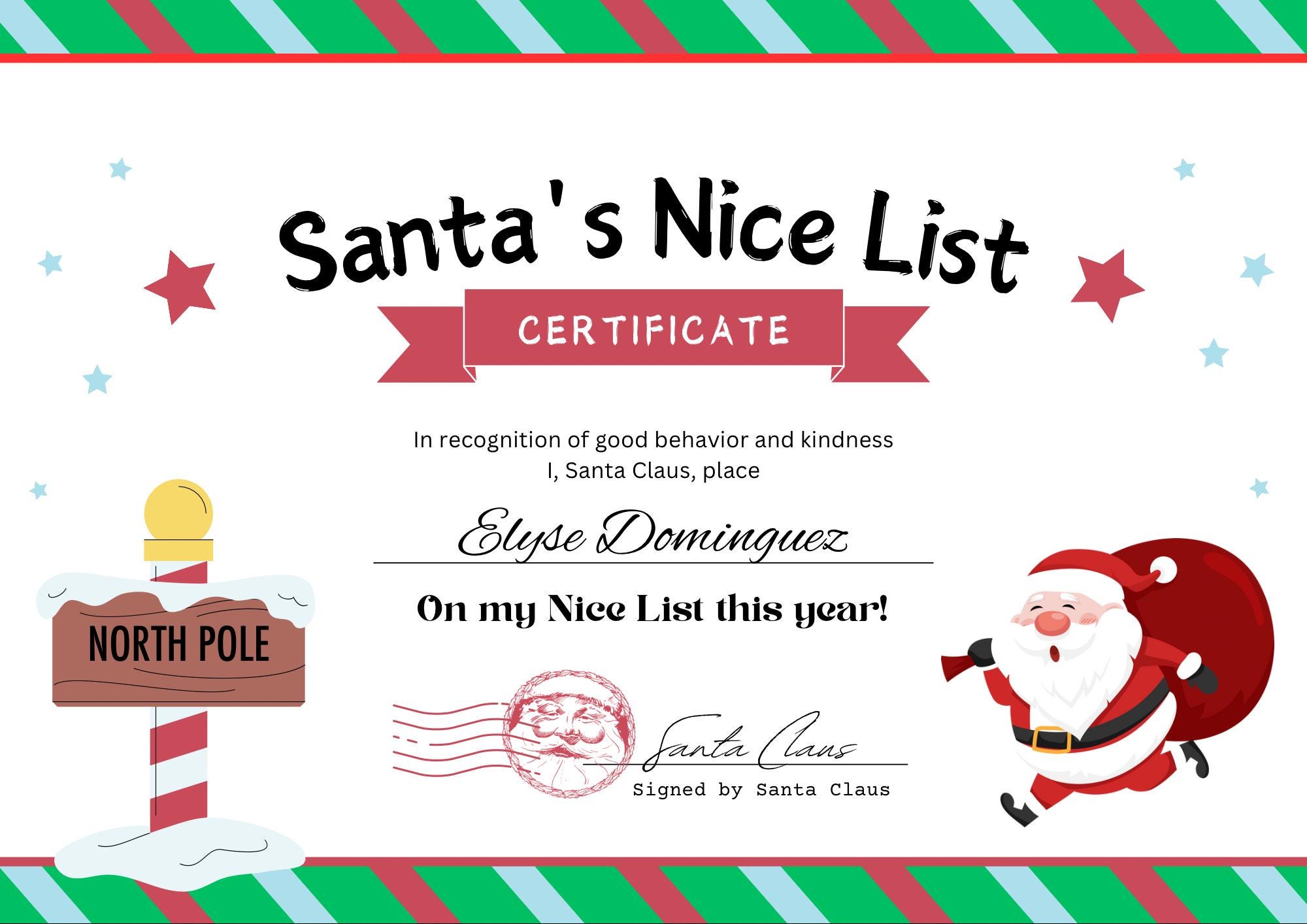 Personalized Nice List Certificate From Santa- Custom Digital Download ...