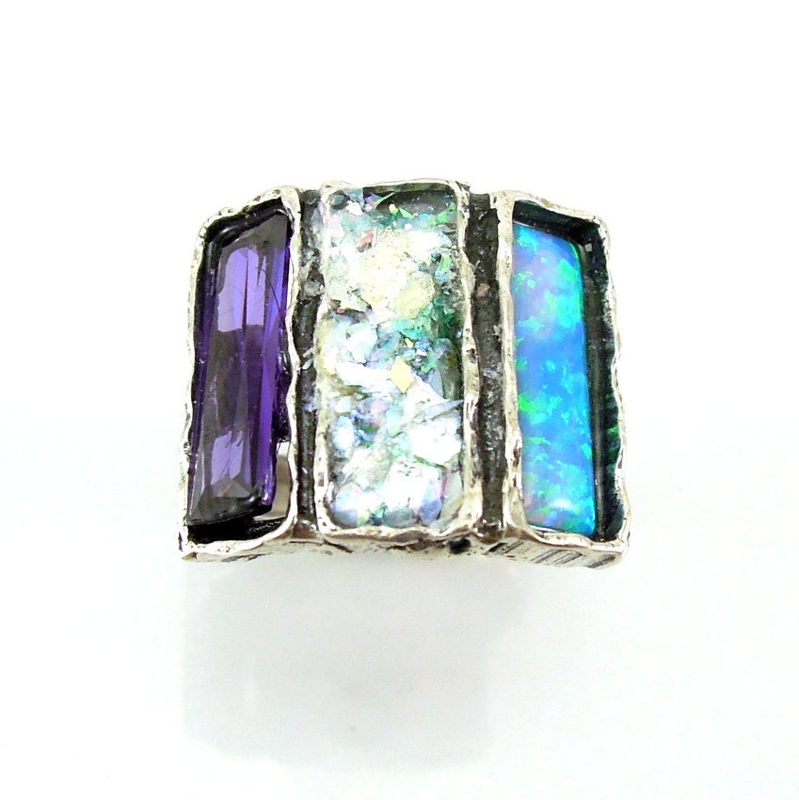 Amethyst Opal and Roman Glass Silver Ring - Etsy