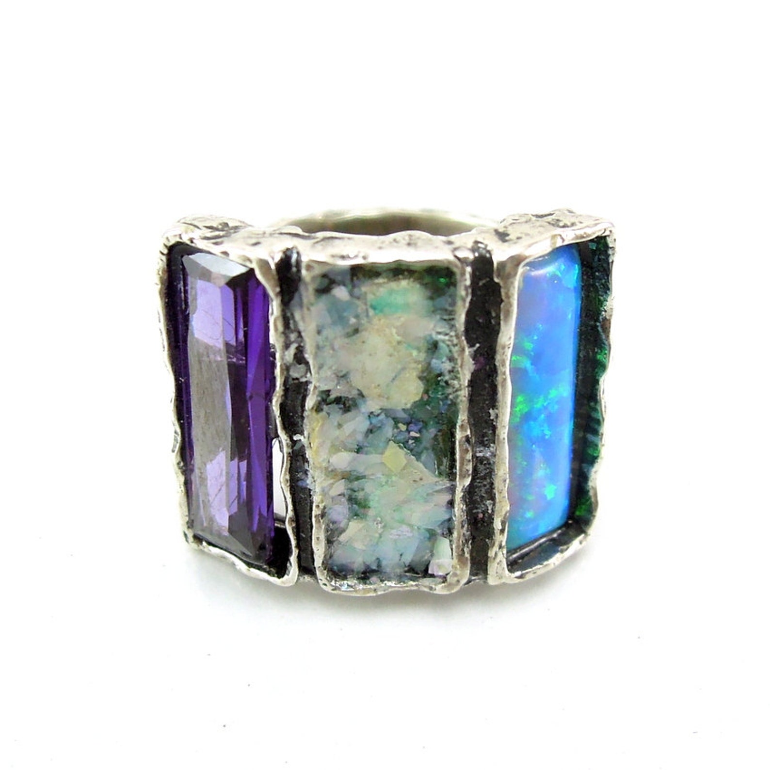 Amethyst, Opal and Roman Glass Silver Ring - Etsy